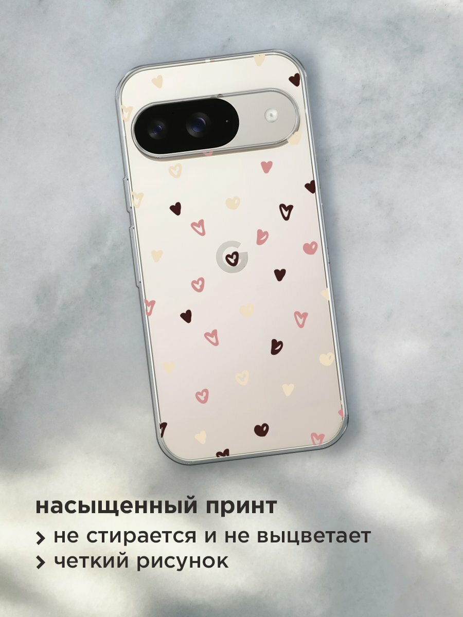 Чехол на Google Pixel 9 / Гугл Пиксель 9 с принтом "Сердечки паттерн рисунок", прозрачный — фото 1