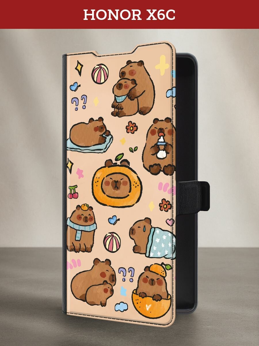 Чехол-книжка на Honor X6c / Хонор X6c с рисунком "Капибары рисунок"