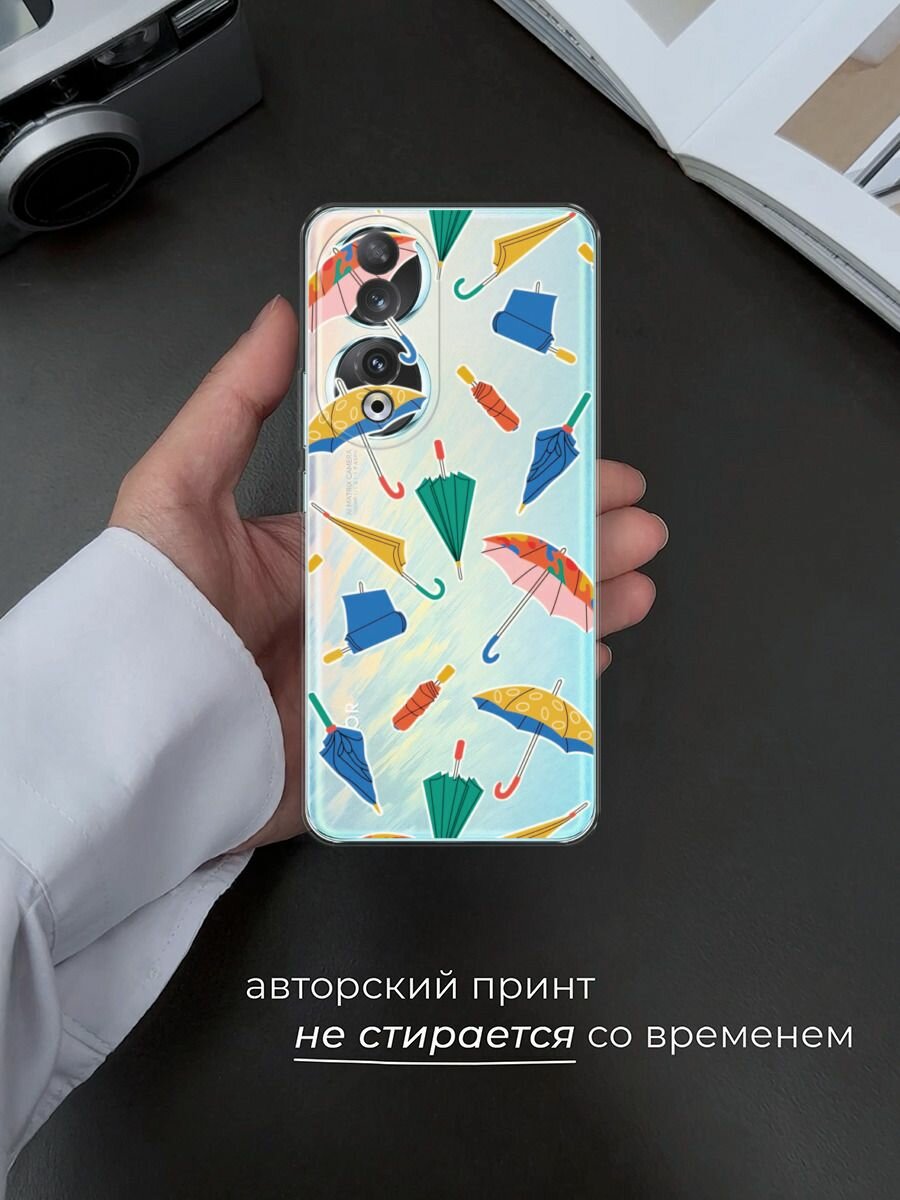 Чехол на Honor 90 / Хонор 90 с принтом "Зонты паттерн", прозрачный — фото 1