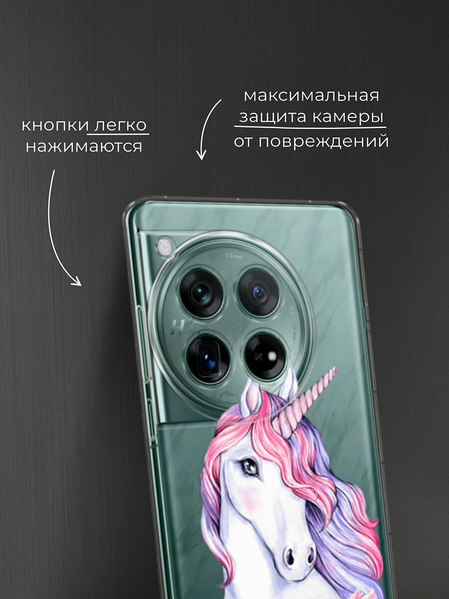 Чехол на OnePlus 12 / Ван Плас 12 с принтом "Единорог с пионами", прозрачный — фото 1