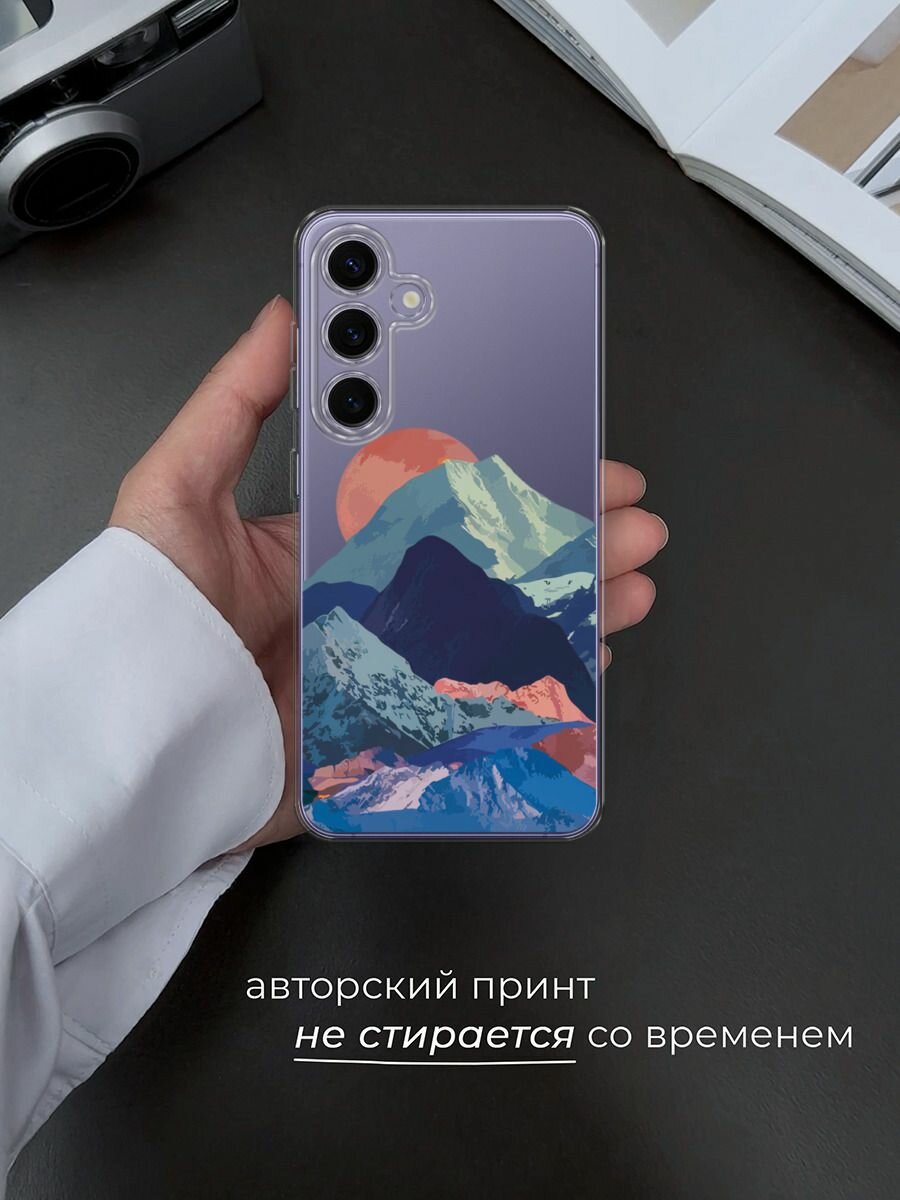Чехол на Samsung Galaxy S24 Plus / Самсунг S24 Plus с принтом "Закат в снежных горах", прозрачный — фото 1