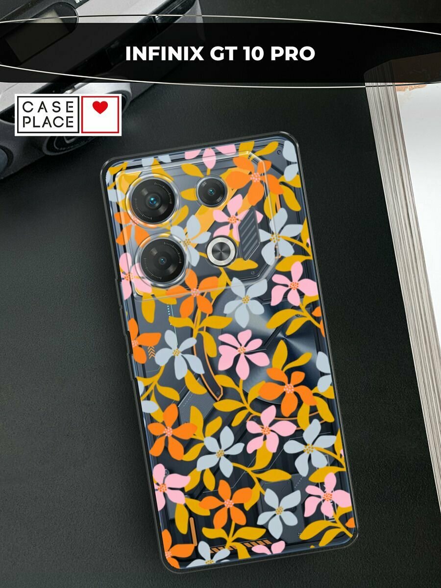 Чехол на Infinix GT 10 Pro / Инфиникс GT 10 Про с принтом "Оранжевые цветочки", прозрачный