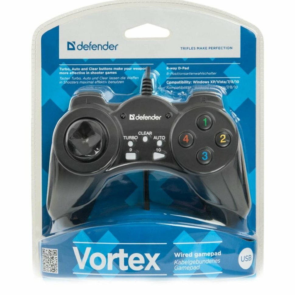 Геймпад DEFENDER Vortex USB, 13 кнопок, проводной, провод 1,5 м, 10 кнопок, кнопки Turbo/Clear/Auto, питание от От USB