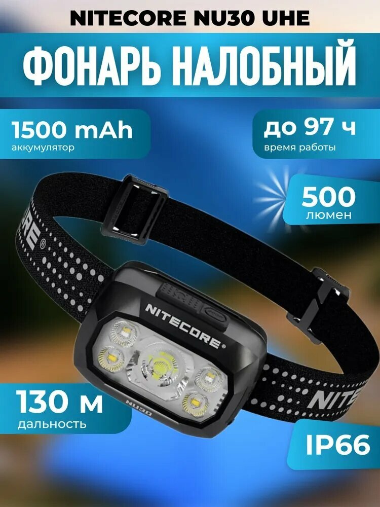 Налобный фонарь NITECORE NU30 UHE аккумуляторный, мощный светодиод с влагозащитой для бега и кемпинга