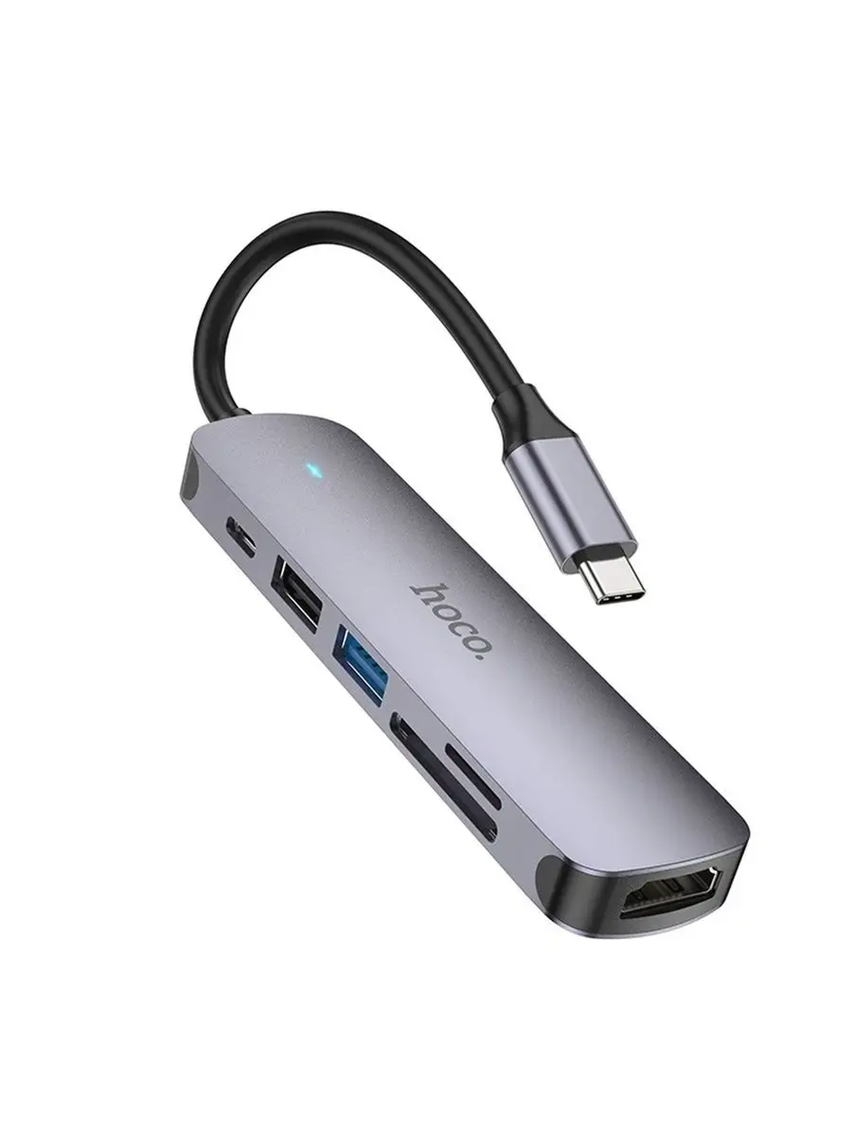 Хаб 6 в 1 Hoco HB28 USB 2.0, 1 USB 3.0, Type-C, Card Reader SD, Micro SD, HDMI