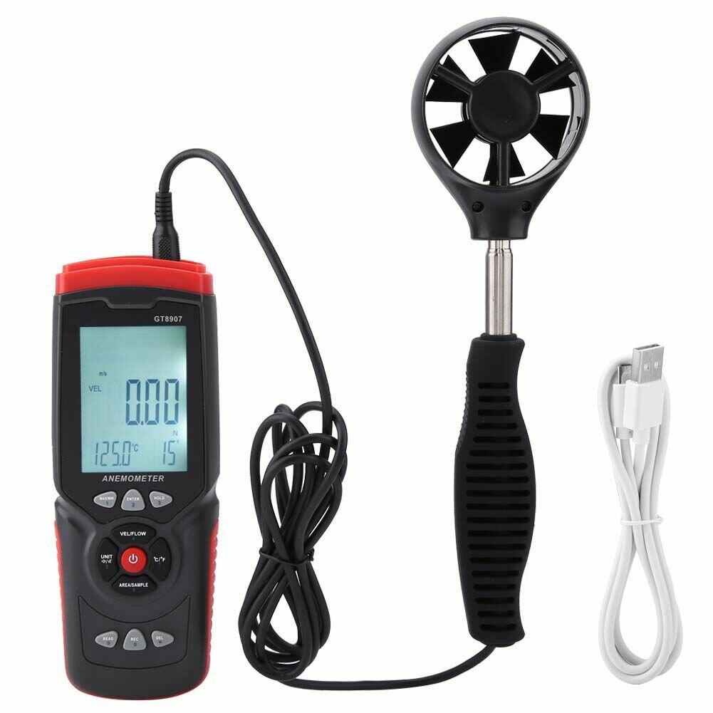 GT8907 Точный цифровой USB-анемометр Многофункциональный тестер скорости ветра, температуры и расхода воздуха