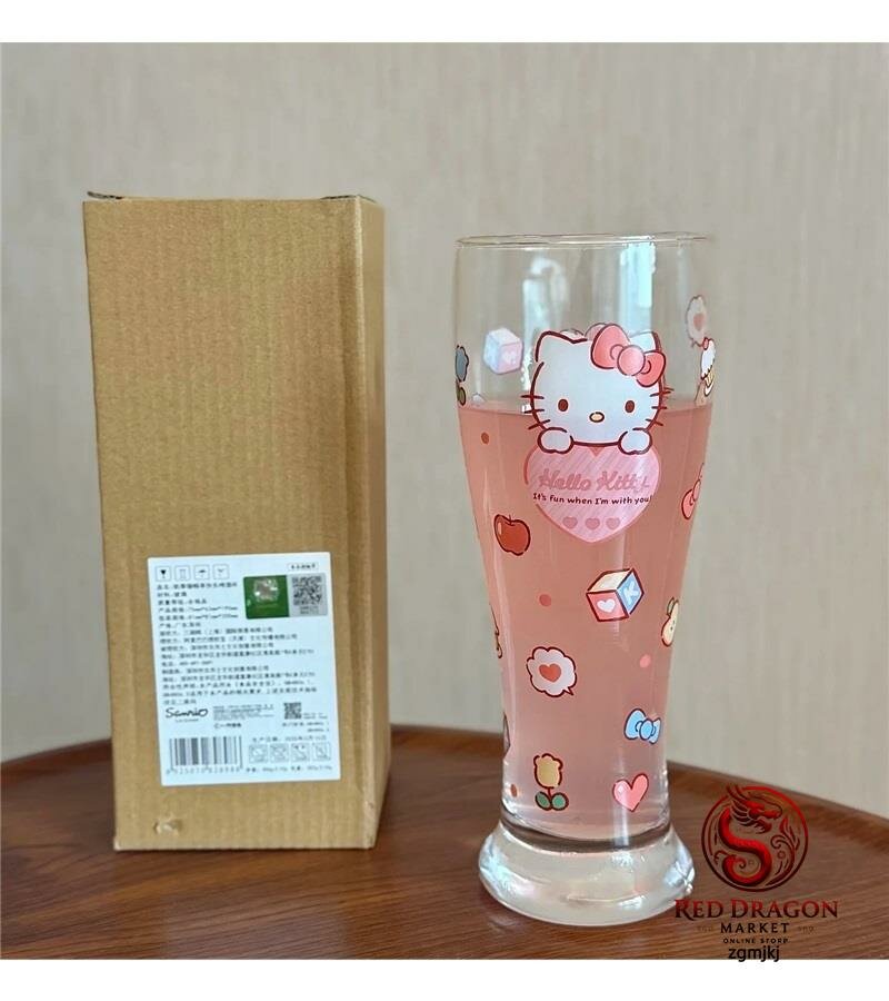 Прозрачная стеклянная кружка Hello Kitty, 450мл (большая емкость) / Стаканчики для сока, пива, мороженого, чая с молоком