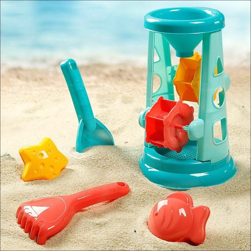 Детский набор для песочницы 5 предметов, Ведро для детских пляжных игрушек (для мальчиков, для девочек, совочек, песочные часы, 2 формочки)