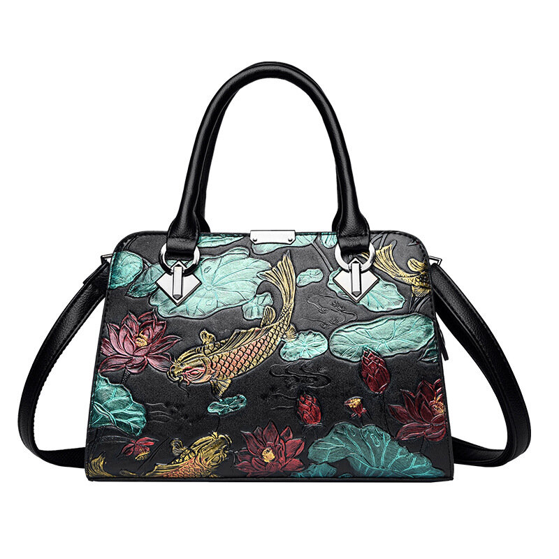 2025 женская сумка в китайском стиле в стиле ретро, счастливая рыбка, сумка через плечо для матери среднего возраста, сумка через плечо с тиснением, сумка в этническом стиле