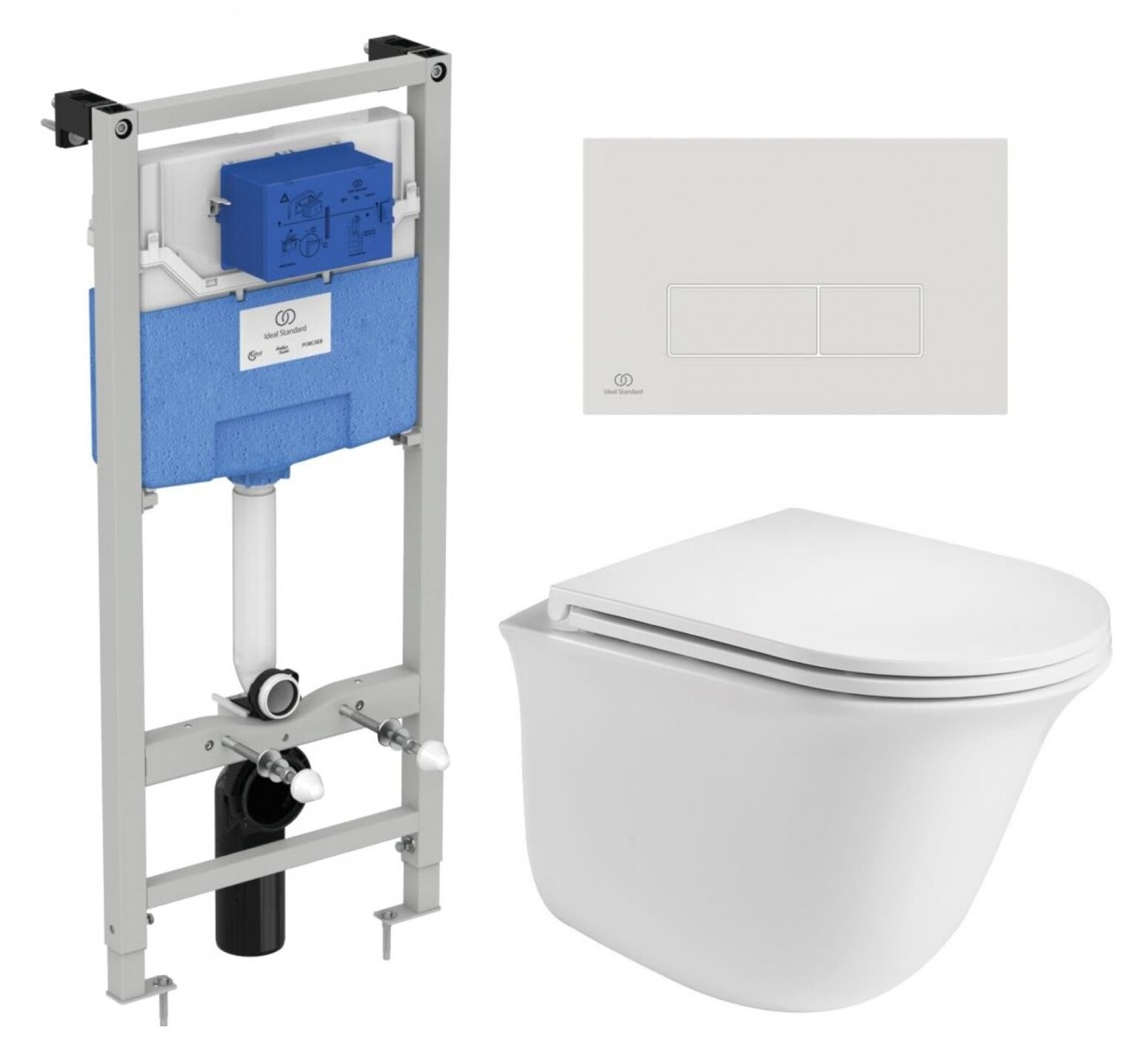 Комплект 3 в 1 инсталляция Ideal Standard + Подвесной унитаз WeltWasser Telbach 004 GL-WT + кнопка белая