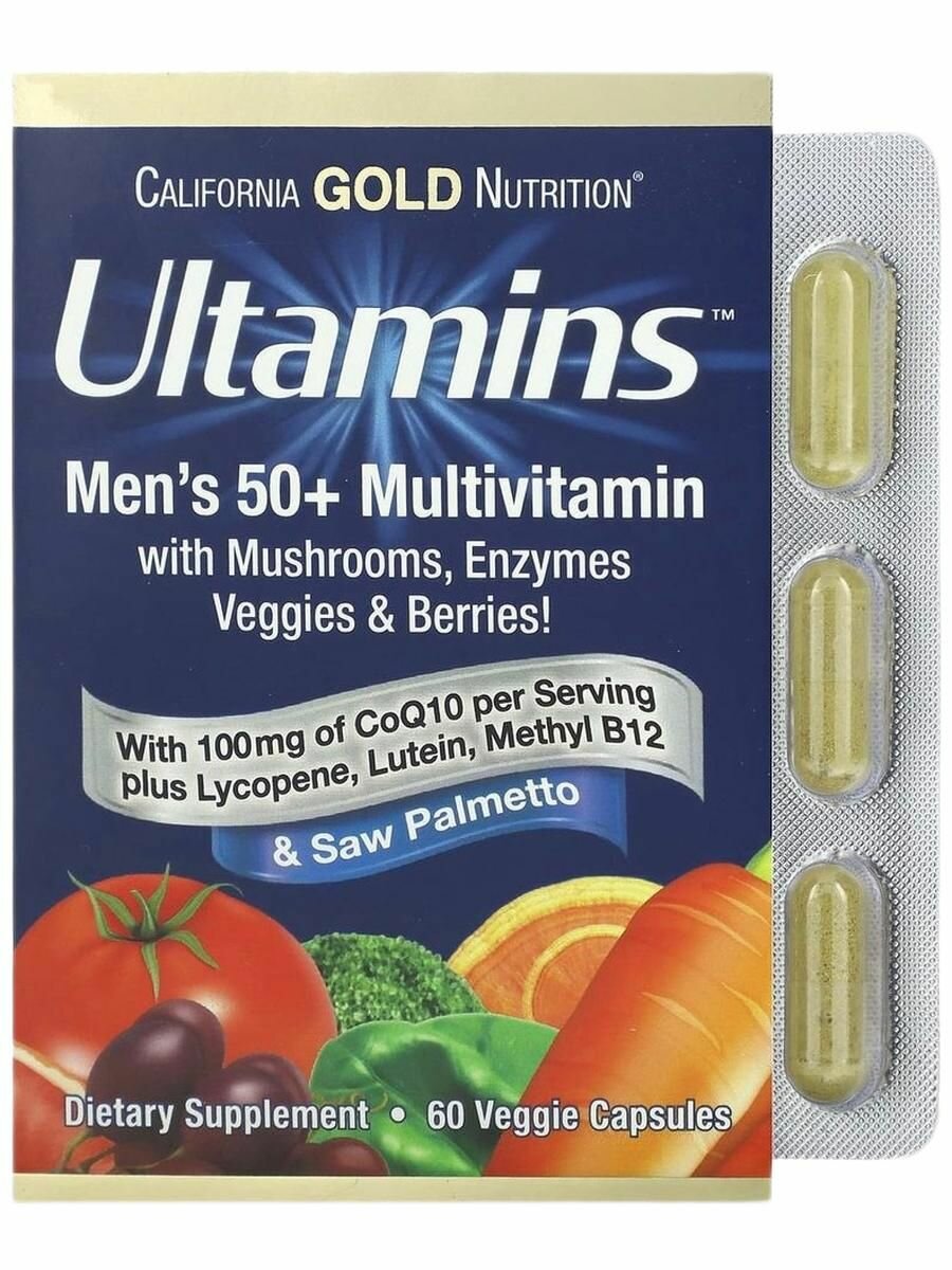 Мультивитамины для мужчин старше 50 лет, с коэнзимом Q10, грибами, ферментами, овощами и ягодами, 60 растительных капсул,