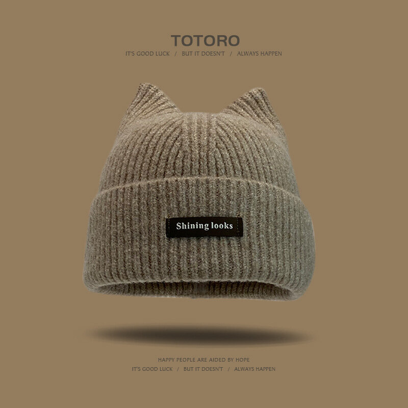 Японская милая вязаная шапка с кошачьими ушками для женщин, однотонная шерстяная шапка 2024, осенне-зимняя теплая и универсальная, приятная для кожи носка