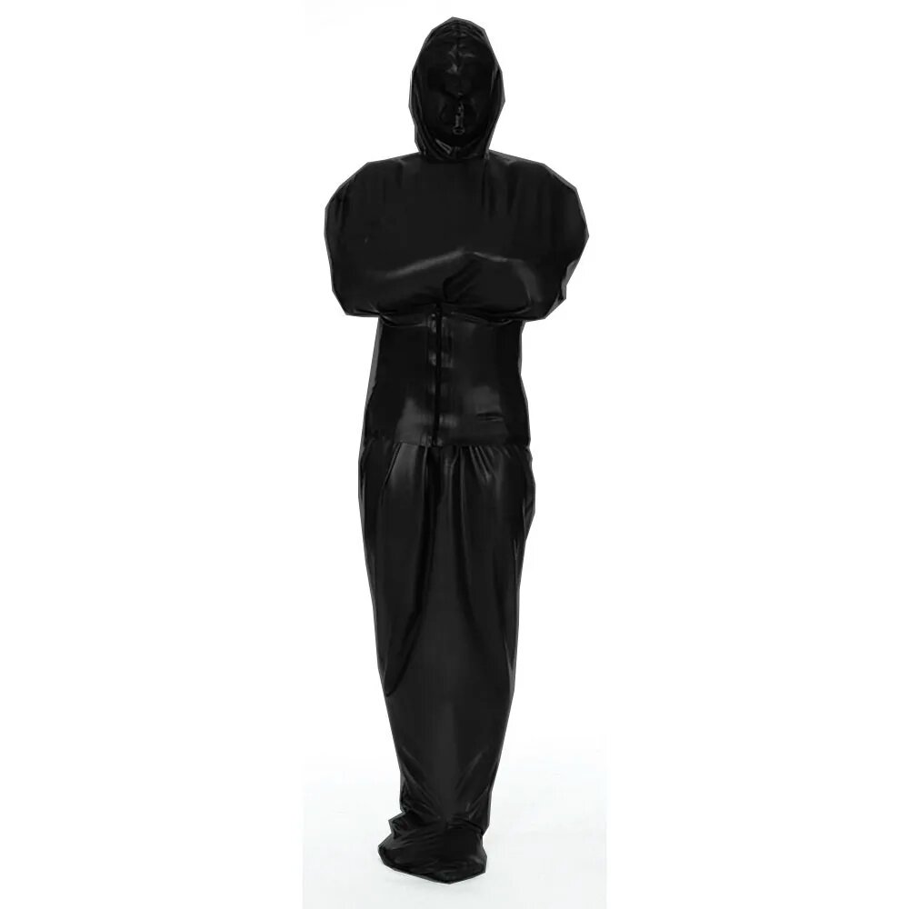 Экзотический кожаный комбинезон из ПВХ с мокрым эффектом и широким поясом, унисекс, бондаж с мешком и капюшоном, фетиш, сексуальная сумка для тела, спальный мешок на заказ Черный, XXL, черный