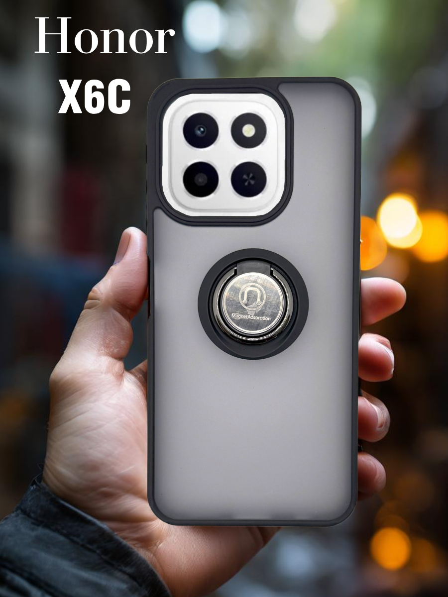 Чехол для Honor X6C, хонор х6с противоударный (Брони чехол) с кольцом-подставкой и металлической пластиной