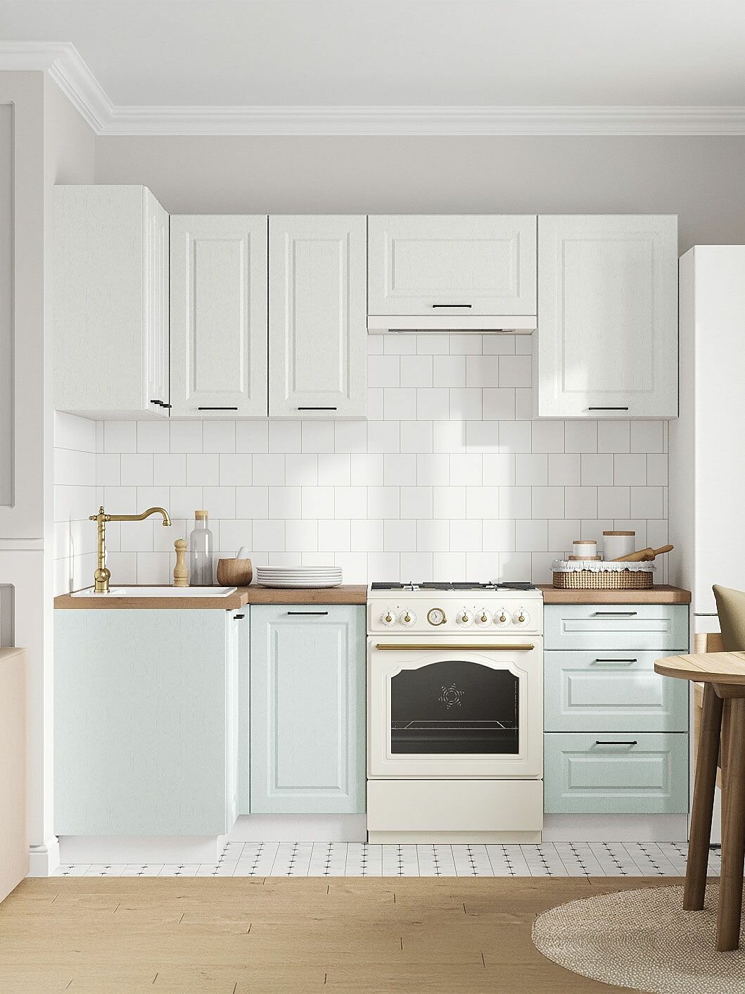 Кухонный гарнитур угловой Шервуд 2.1х1 м, мебель для дома и кухни, Белый / Арктик / Деним голубой