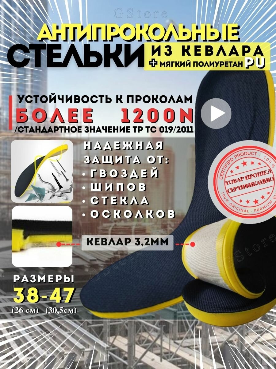 Кевларовые стельки антипрокольные защитные размер 43 ( 28,5см )