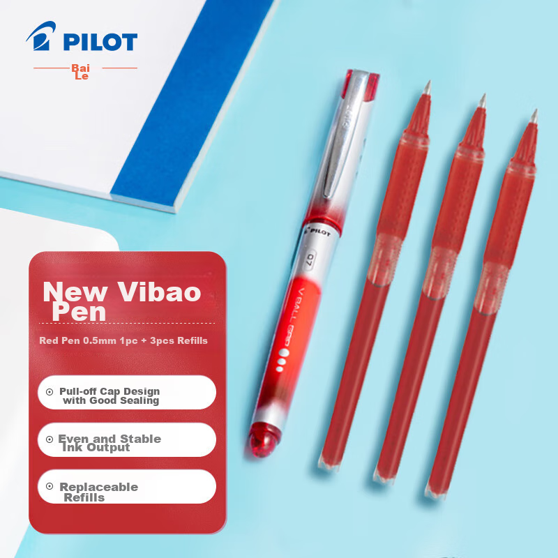 PILOT V-Ball Pen, Rollerball Pen, Bullet Tip Gel Pen, Non-Slip Signature Pen, for Students And Office Use, BLN-VBG5 BLS-VBG5, 0.5mm, 1 Pen + 3 Refills, Red