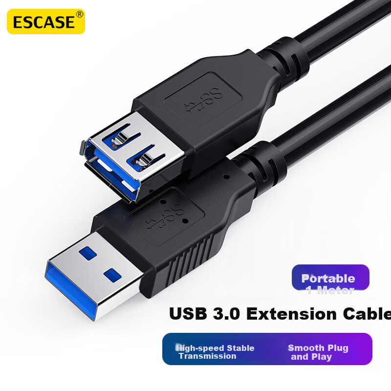 ESCASE USB 3.0 Extension Cable Male to Female Data Connection Cable for USB Flash Drive, Mouse, Keyboard, Printer, Hub, Extension and Extension Cable 1 Meter Black