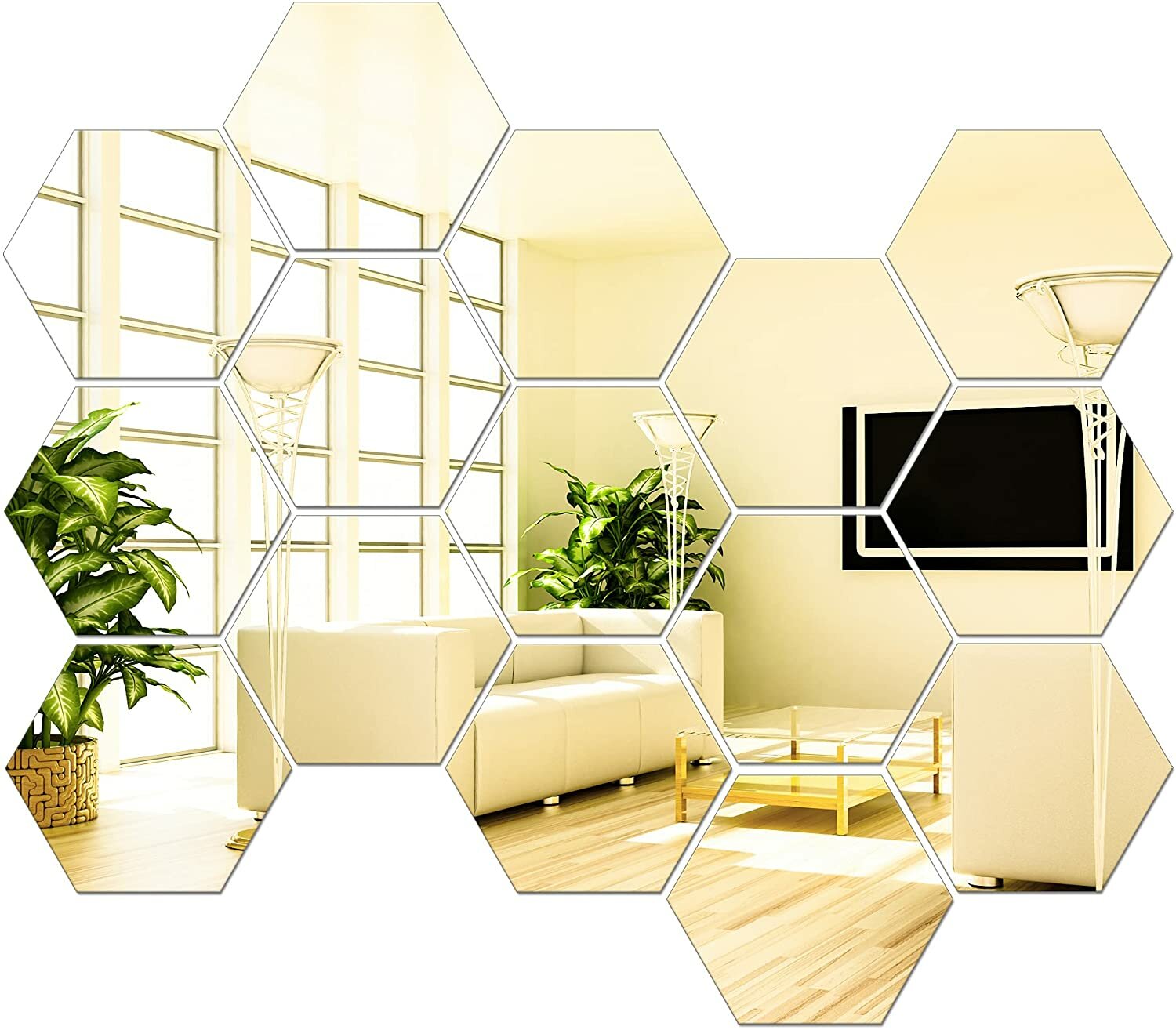 Отклеиваемые акриловые шестиугольные зеркальные стикеры для стен крупного размера, самоклеющиеся плитки, 3D шестиугольные, нестеклянные, для декора дома спальни гостиной (золотые 15 штук)