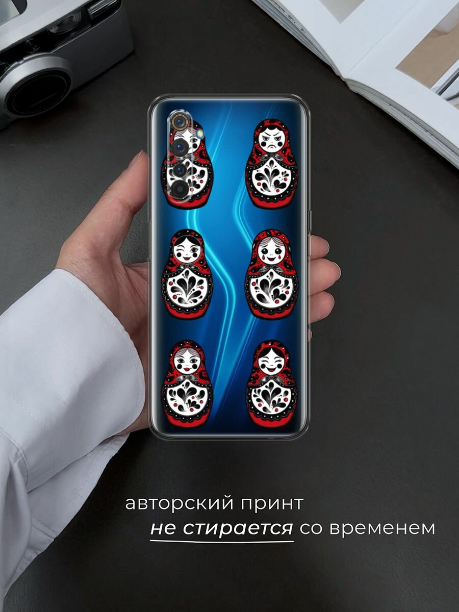 Чехол на Realme 6 Pro / Реалми 6 Про с принтом Разные матрешки, прозрачный — фото 1