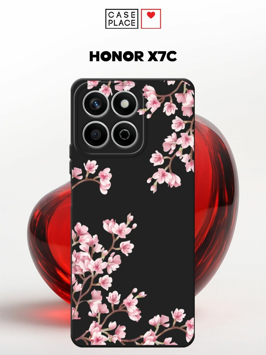 Черный матовый чехол на Honor X7C / Хонор X7C с принтом Весенняя сакура