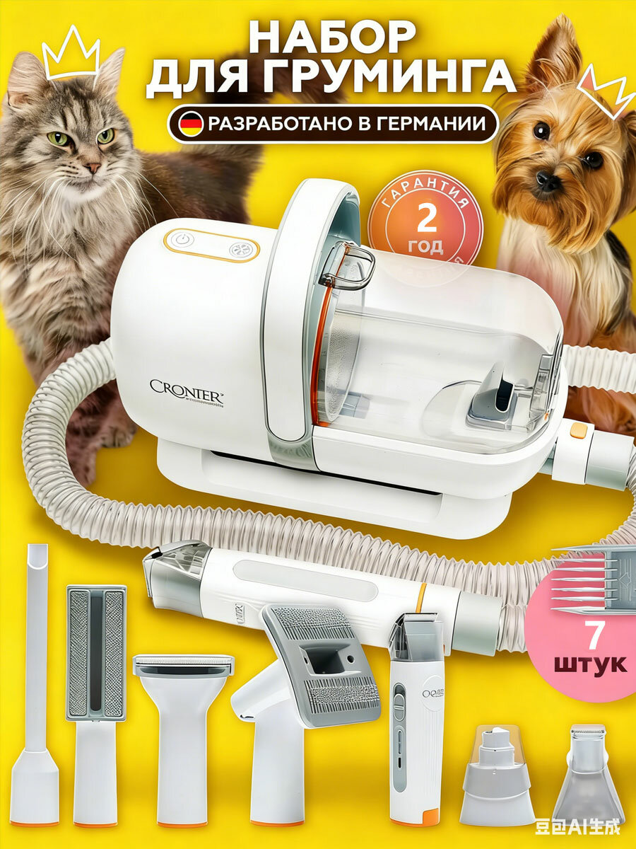 Машинка для стрижки собак с насадками, набор для груминга с пылесосом