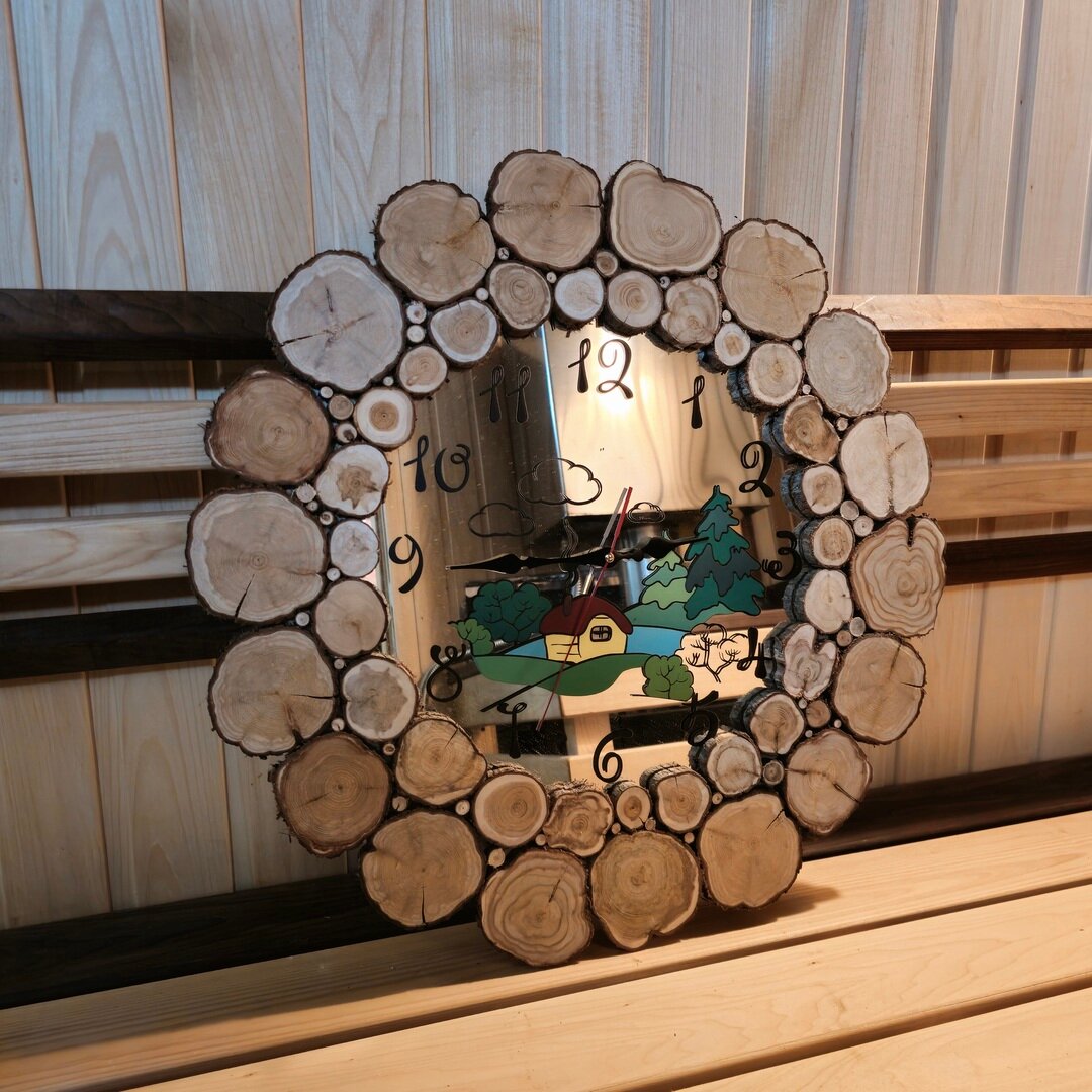 Часы - зеркало АРТ из спилов можжевельника круглое 55см, Россия