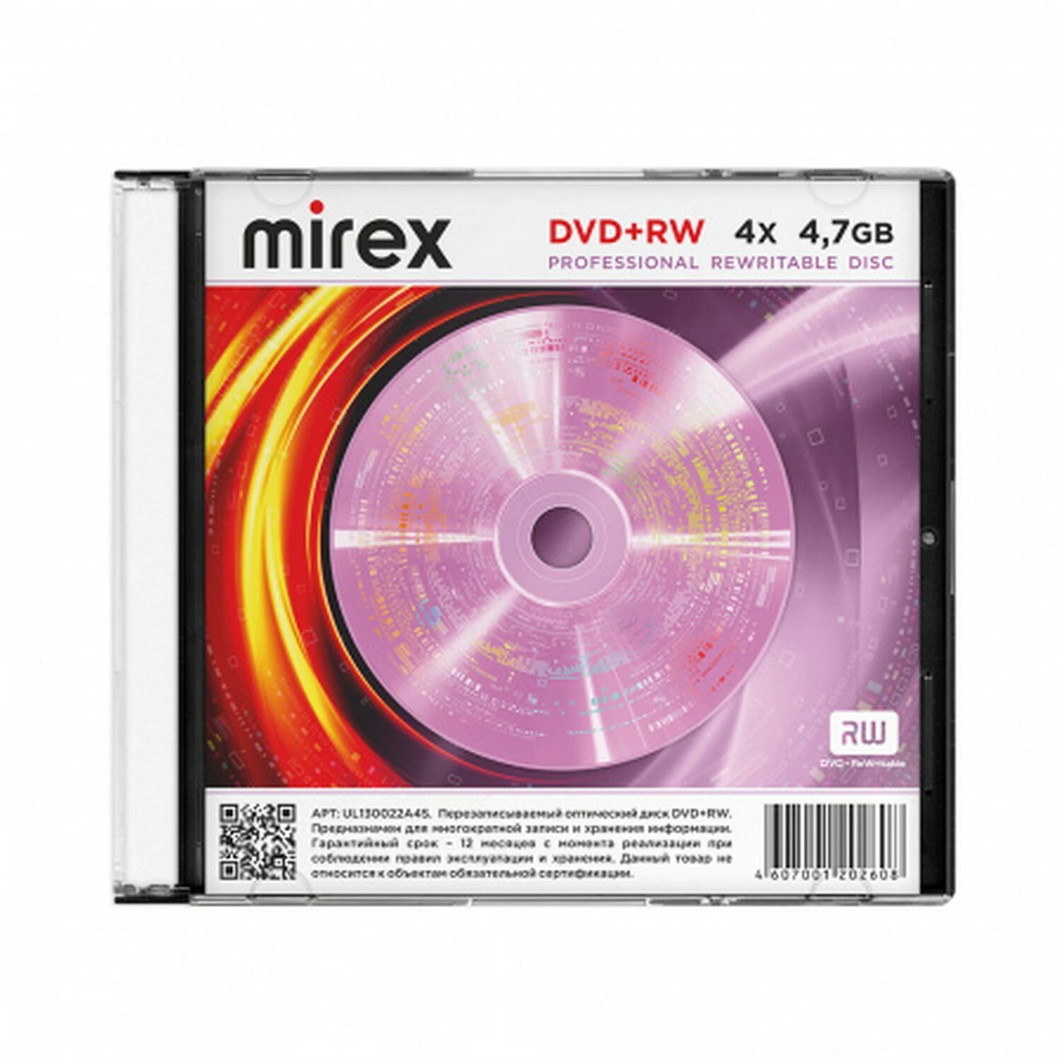 Диск DVD+RW (плюс) MIREX, 4,7 Гб, 4x, Slim Case, 1 штука, UL130022A4S, 3шт.