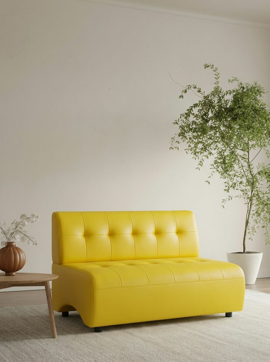 Диван прямой Вега без подлокотников желтая кожа . Офис, дом, салон красоты, прихожая, гостиная, зона ожидания.