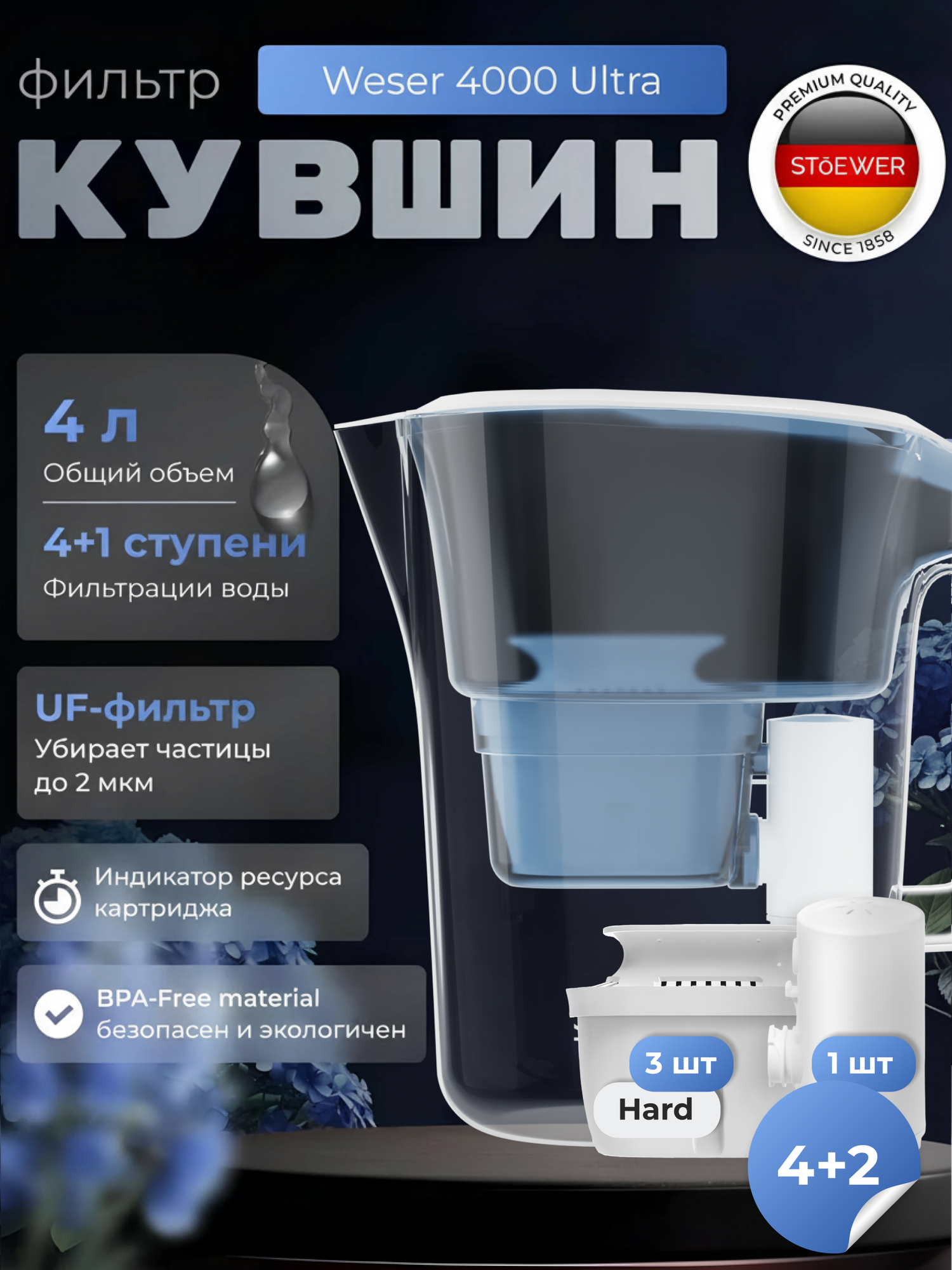 Фильтр-кувшин для воды STOEWER штоер Weser 4000 Ultra + 3 картриджа B300 Hard + 1 картридж ультра F500