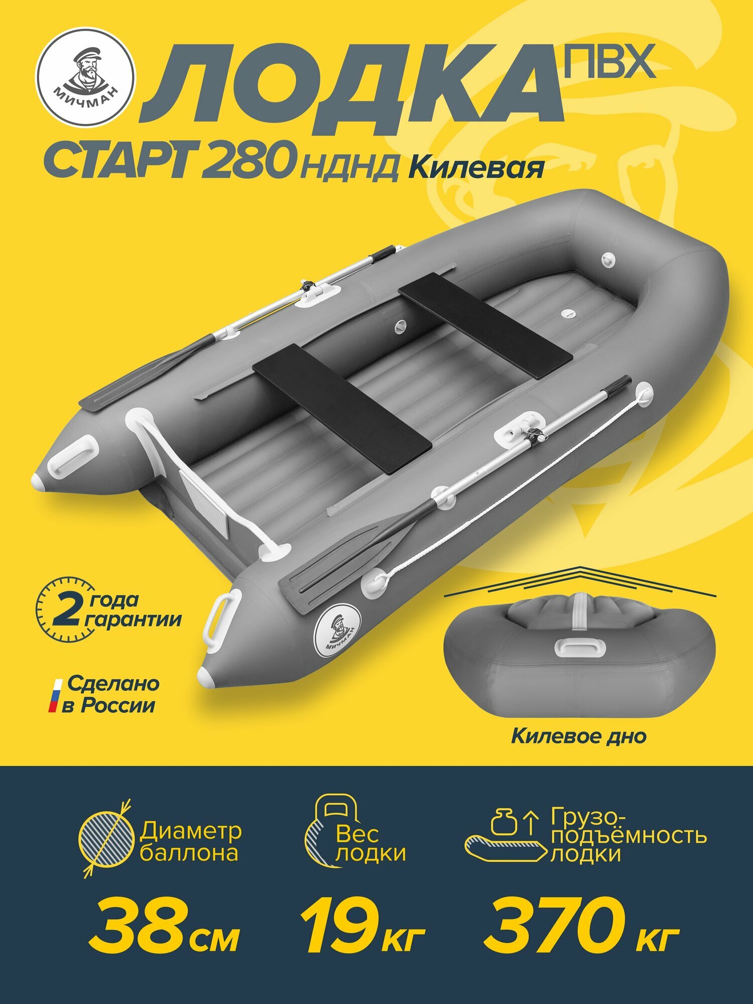 Лодка ПВХ под мотор НДНД килевая Мичман 280 надувная для рыбалки (серая)