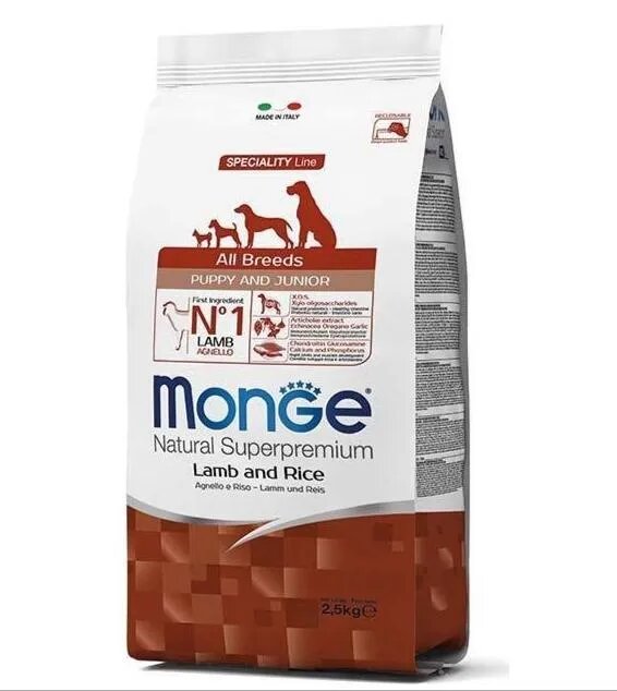 Корм сухой Монж с ягненком и рисом для щенков всех пород Monge Puppy & Junior Lamb 2,5 кг