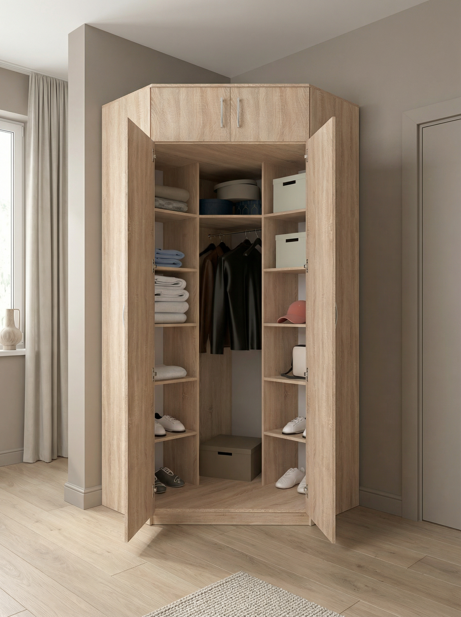 Шкаф угловой распашной Анри-16 с антресолью, 13 полками и штангой для вешалок, дуб сонома