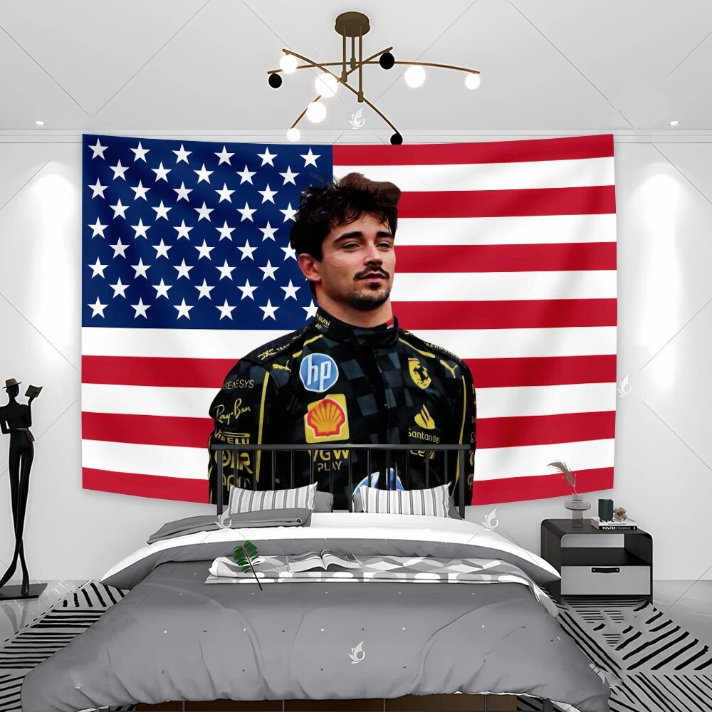 Гобелен с Charles Leclerc и американским флагом, черный