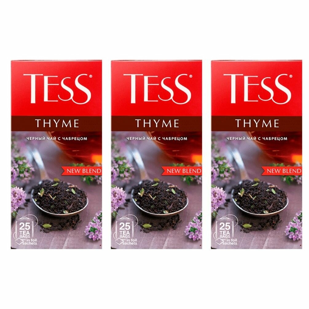 Tess Черный чай Thyme, с чебрецом, 25 пакетиков по 1,5 г, 3 уп.