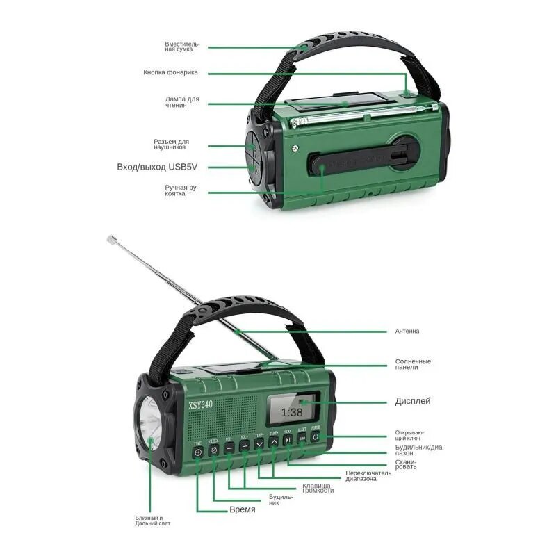 Настольные часы XSY340 FM, MW, SW, NOAA Radio, Будильник, Фонарик, Темно-зеленый — фото 1