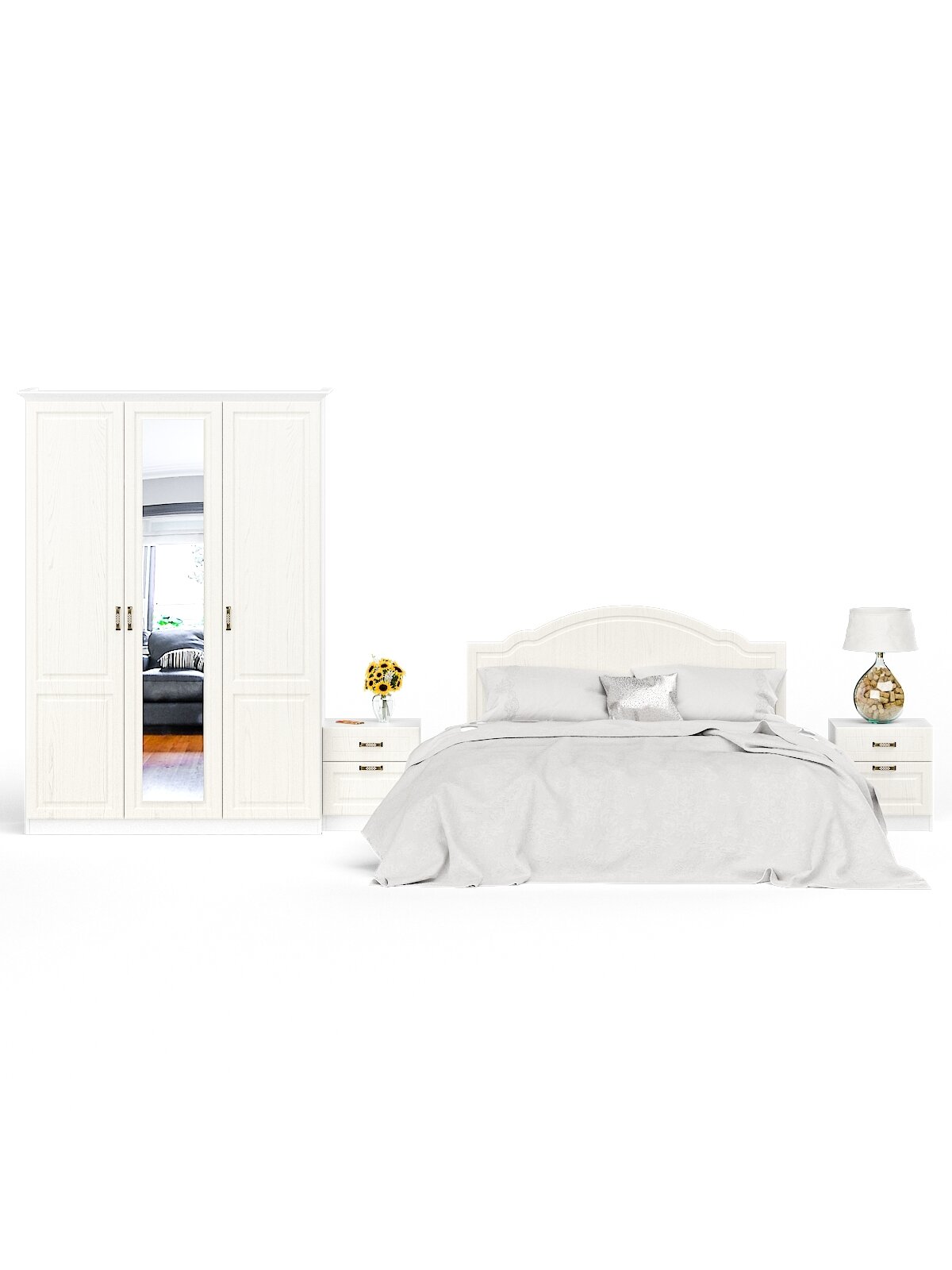 Спальный гарнитур Ливерпуль № 1 цвет ясень ваниль/белый, 4 предмета мебели, сп. м. 1600х2000 мм.