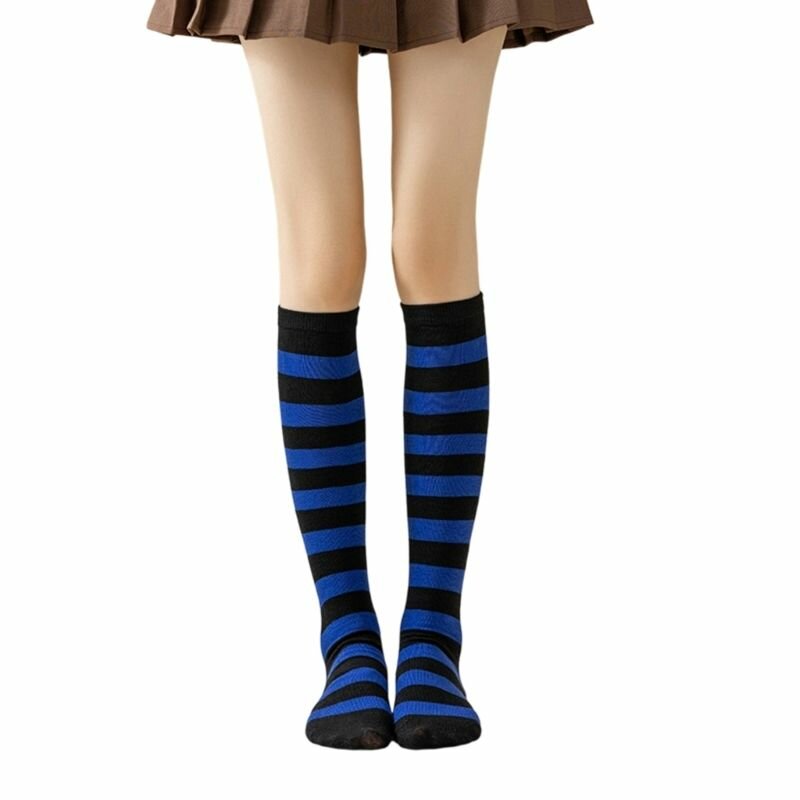 Чулки в полоску "Лолита"-Широкие Черные В Полоску + Королевский Синий