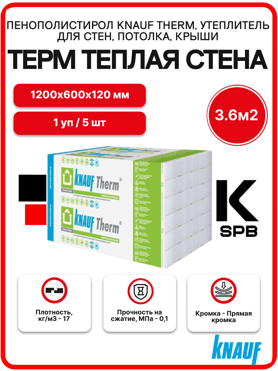 КНАУФ терм Теплая стена 1200х600х120 мм (1 уп. / 3,6 м2 / 5 шт.) пенополистирол Knauf Therm для стен, потолка, крыши