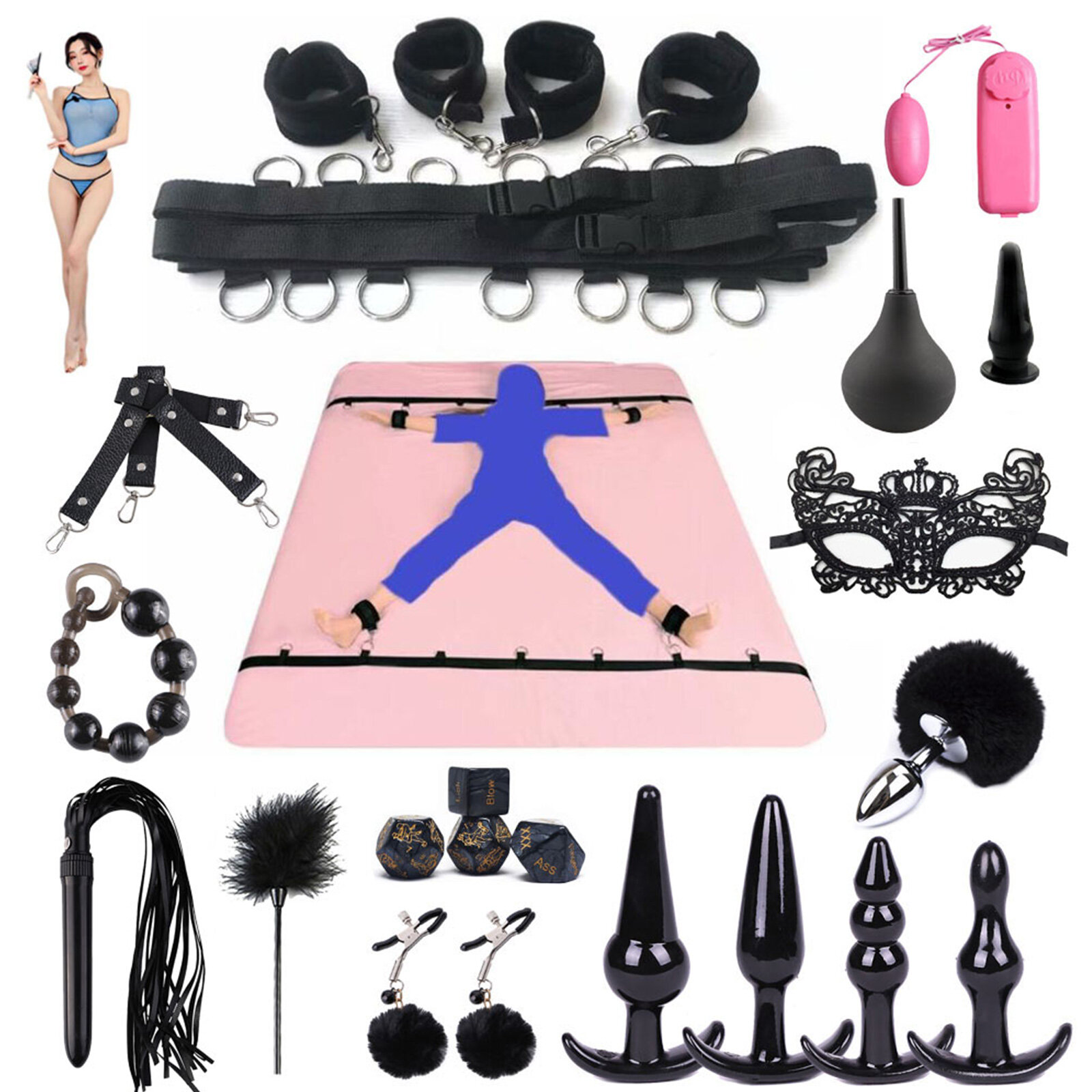 Под кроватью система секс-бондажа, набор Kinky Bed, удерживающий комплект, фаллоимитаторы, вибратор