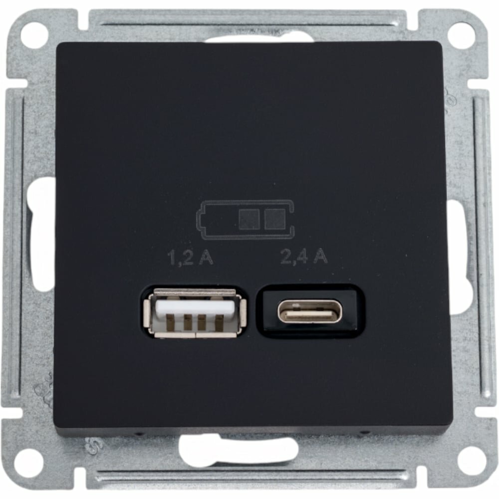 Розетка USB A+С Systeme Electric AtlasDesign Карбон 5В/2,4А, 2х5В/1,2 А ATN001039