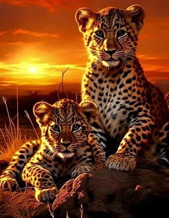 Алмазная Картина "Два Леопарда" 5D Круглый Бриллиант 40х50 См Алмазная Вышивка / Картина Стразами Подарков