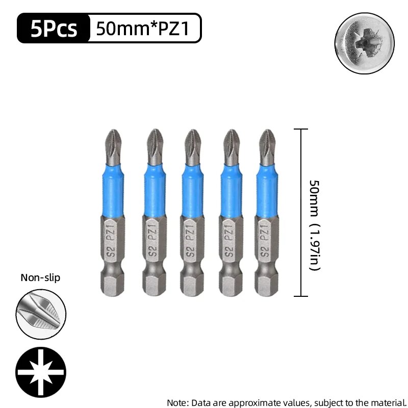 Нескользящие биты для отверток с крестовой головкой, магнитные отвертки 1/4 дюйма, ручные инструменты PH1/PH2/PH3/PZ1/PZ2/PZ3 5Pcs-PZ1 50mm