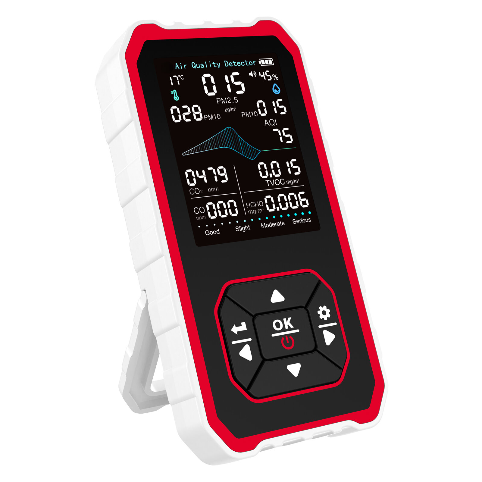 10-в-1 Портативный Индикатор Качества Воздуха с Стойкой для Дома 실시간 Тест AQI CO2 CO PM2.5 PM1.0 PM10 TVOC HCHO Температура Влажность с Сигналом Белый-Красный