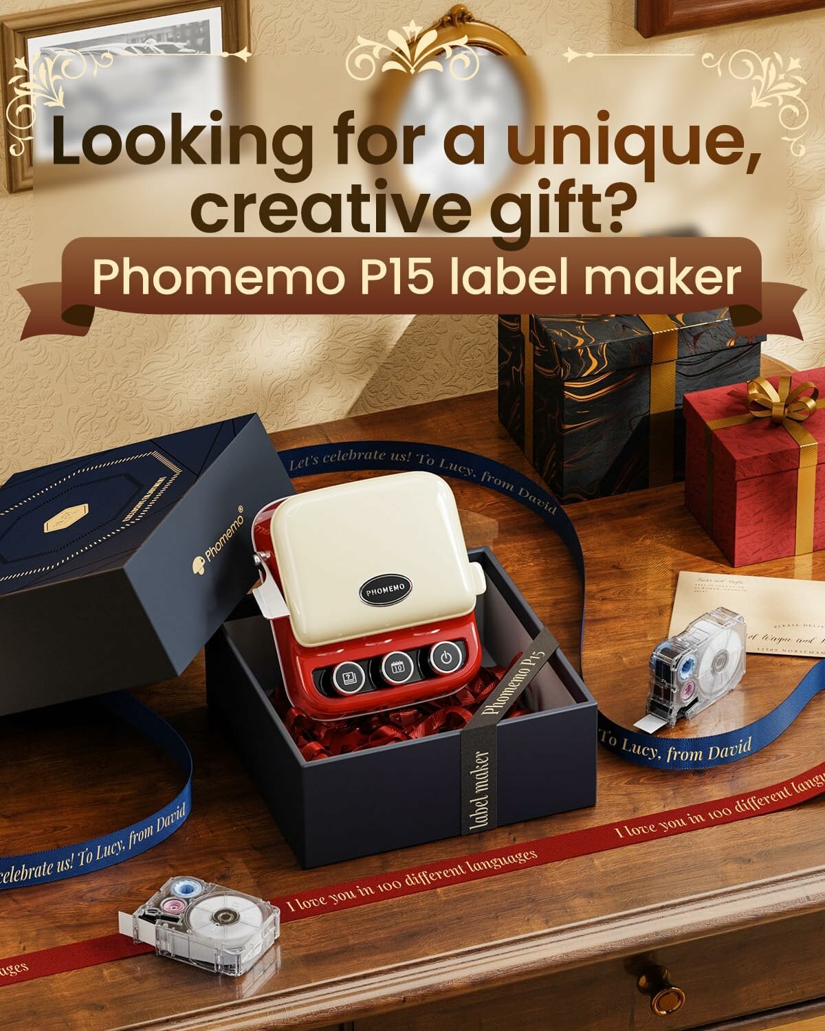 Мини термопринтер этикеток Phomemo P15 винтажный дизайн, портативный Bluetooth принтер для наклеек, ручное управление