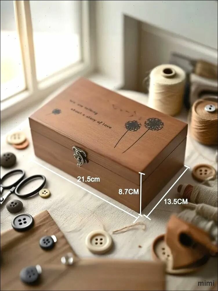 Деревянная коробка для хранения игл и принадлежностей для шитья 21.5x13.5 см органайзер для рукоделия с отделениями для ниток, пуговиц и инструментов