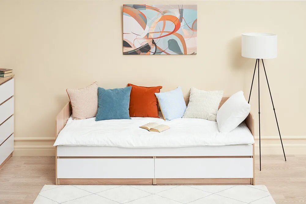 Кровать детская 0.8 с ящиками для одежды и вещей 200х80 см, 2 ящика, Челси, 84х203.6х70 см, ЛДСП, Дуб сонома / Белый