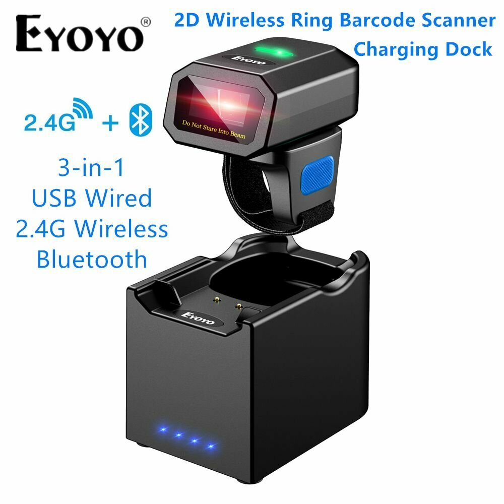 Портативный сканер штрих-кодов Eyoyo-EY-026 с кольцом для пальца и Bluetooth для телефона， EY-026C (красный свет)