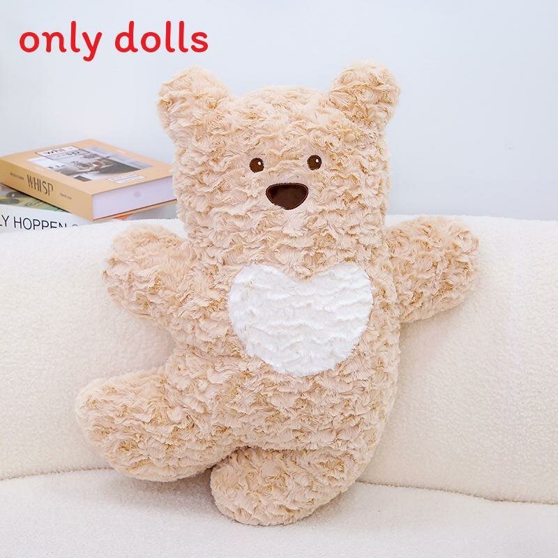 Heartshaped plush bear cushion with love heart and embroidery design for gift and rest, beige