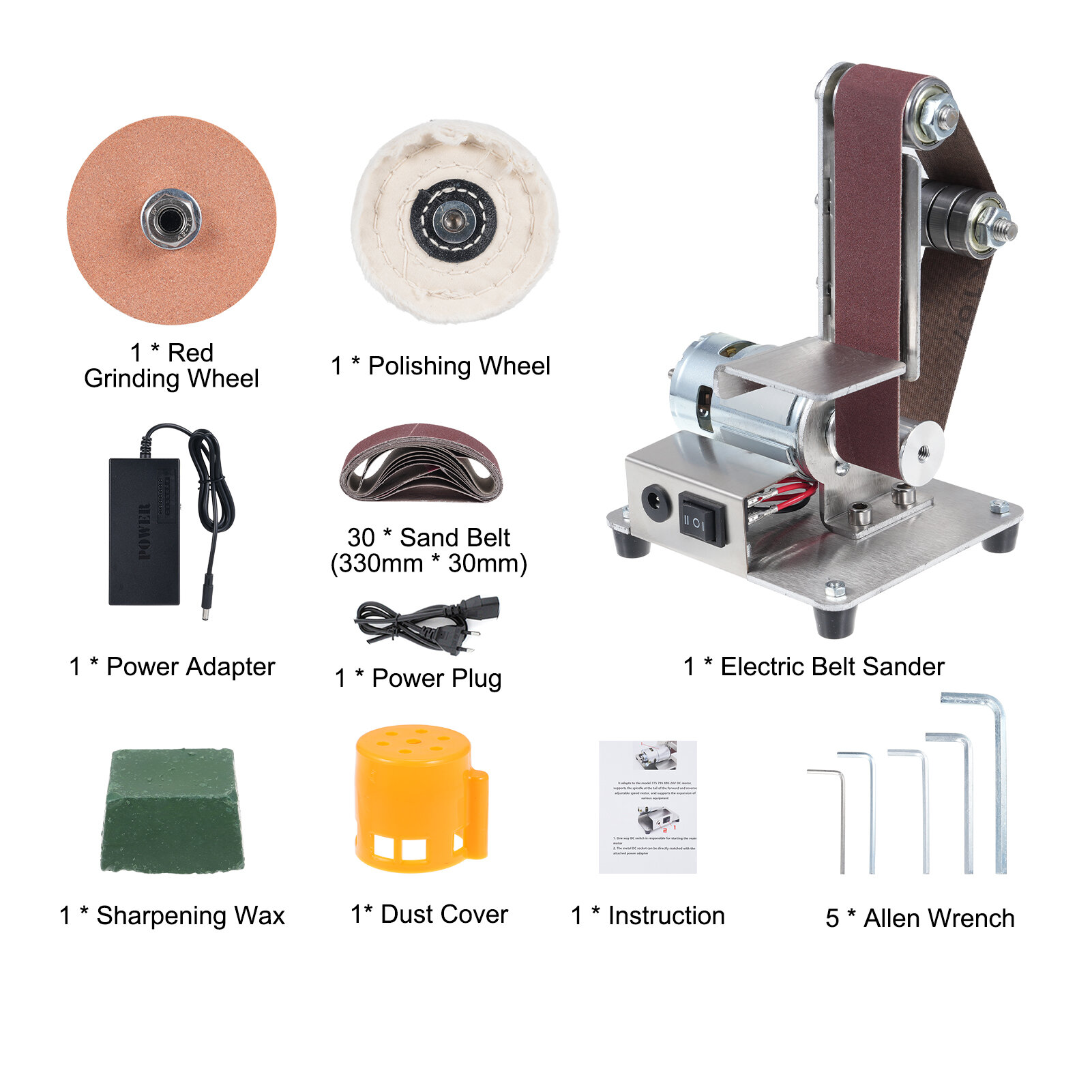 Электрическая ленточная шлифовальная машина с 7-скоростной регулировкой, миниатюрная многофункциональная шлифовально-полировальная машина с 10 лентами 30*330 мм, 1 красным шлифовальным кругом и воском для заточки.